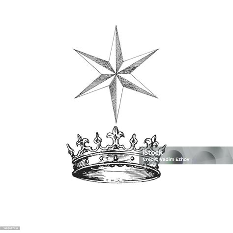 왕관과 여섯 개의 뾰족한 별 조각 스타일의 벡터 삽화 빈티지 밀교 및 오컬트 기호 그려진 마법적이고 신비로운 상징 고풍스런에 대한 스톡 벡터 아트 및 기타 이미지 Istock