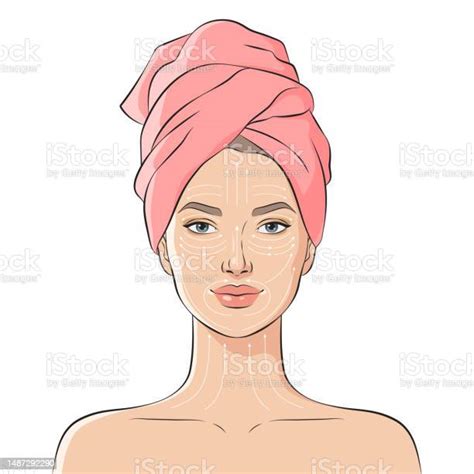 Beautiful Young Woman Face With Bath Towel On Her Head Face Massage Lines Facial Massage
