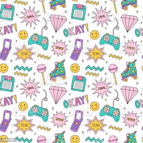 플로피 디스크 쿼드 롤러 스케이트 복고풍 플립 폰 조이스틱 게임 패드 다이아몬드 롤리팝 체크 무늬 배경의 별 등 아홉 가지 항목이있는 밝은 이음새없는 패턴 1990년대의