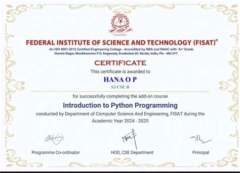 hana o p on linkedin pythonprogramming certificateachievement cse fisat continuouslearning