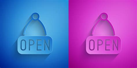 종이 컷 텍스트가 있는 매달린 기호 문 열기 아이콘은 파란색과 보라색 배경에 고립되어 있습니다 페이퍼 아트 스타일입니다 벡터 3