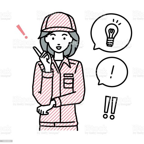 포인팅 핸드 제스처 전구와 느낌표 기호 세트와 함께 서 좋은 아이디어를 받고 블루 칼라 노동자 여성 가리키기에 대한 스톡 벡터 아트 및 기타 이미지 Istock