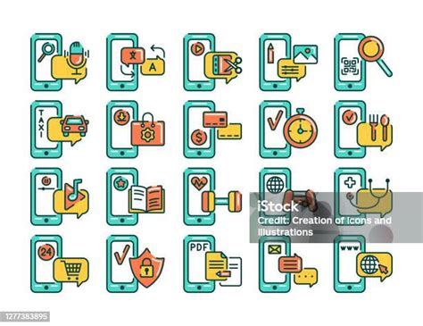 스마트폰 컬러 라인 아이콘 세트의 모바일 애플리케이션 웹 페이지 모바일 앱 프로모션용 픽토그램 Ui Ux Gui 디자인 요소입니다 편집 가능한 스트로크 개념에 대한 스톡