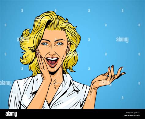Comic Surprised Pretty Girl In White Blouse With Blonde Hair And Open