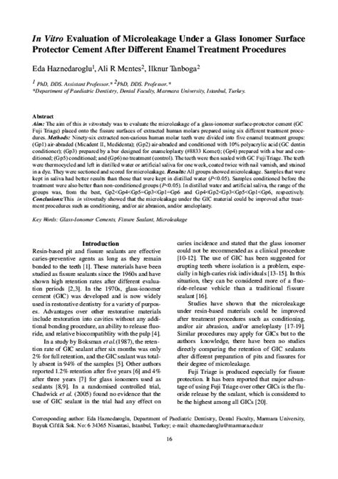 Pdf In Vitro Evaluation Of Microleakage Under A Glass Ionomer Surface Protector Cement After