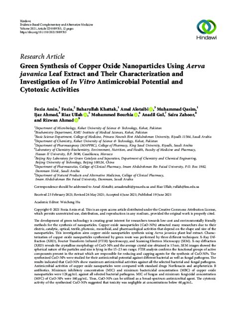 Pdf Green Synthesis Of Copper Oxide Nanoparticles Using Aerva Javanica Leaf Extract And Their