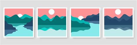 4 개의 추상 적 미학 중반 세기 현대 풍경 현대 풍경 현대 보헤 포스터 표지 템플릿의 세트 아트 프린트 엽서 벽지 벽예술에 대한 최소한의 자연 일러스트레이션 0명에 대한