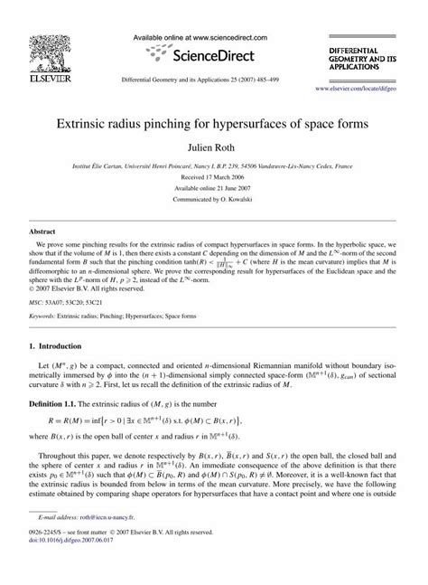 Pdf Extrinsic Radius Pinching For Hypersurfaces Of Space Forms Dokumentips
