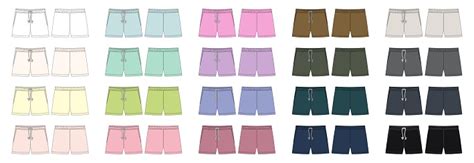 빈 반바지 바지 기술 스케치 디자인 서식 파일 세트입니다 다른 색상 포켓과 레이스 컬렉션이 있는 캐주얼 쇼츠 0명에 대한 스톡 벡터 아트 및 기타 이미지 Istock