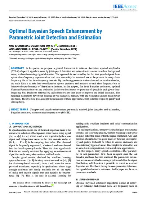 Pdf Optimal Bayesian Speech Enhancement By Parametric Joint Detection