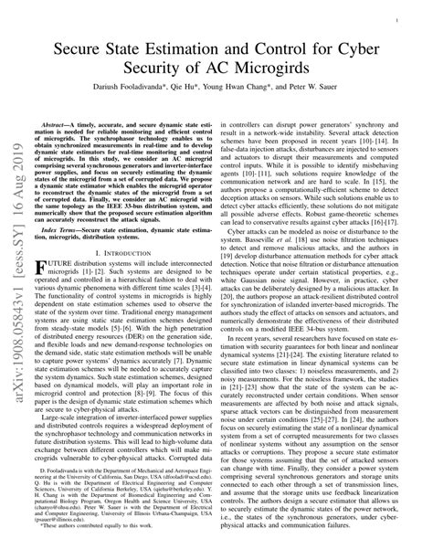 Pdf Secure State Estimation And Control For Cyber Security Of Ac Microgrids