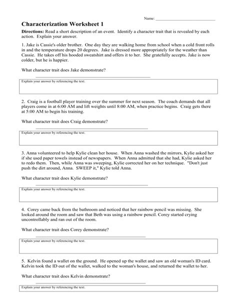 Characterization Worksheet Identifying Traits