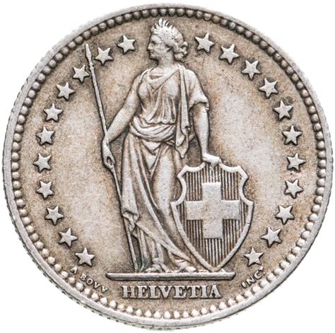 Монета Швейцария 2 франка (francs) 1957 стоимостью 2216 руб.