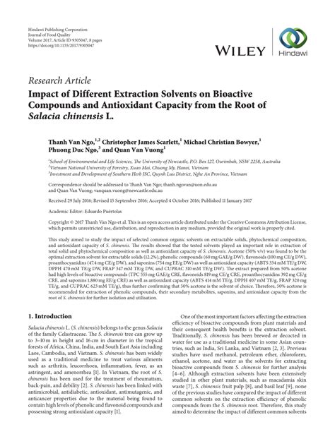 Pdf Impact Of Different Extraction Solvents On Bioactive Compounds And Antioxidant Capacity