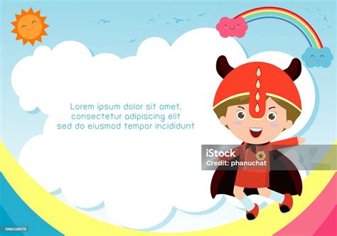 배경 광고 브로셔 당신의 텍스트 귀여운 작은 슈퍼 히어로 어린이 아이 아이 프레임과 프레임 벡터 일러스트 레이 션에 대 한 서식 파일에 슈퍼 히어로 아이 교과서에 대한 스톡