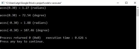C Math Library Function Acos Example And Explanation