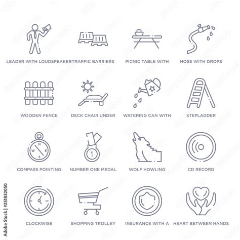 Set Of 16 Thin Linear Icons Such As Heart Between Hands Insurance With A Button Shopping