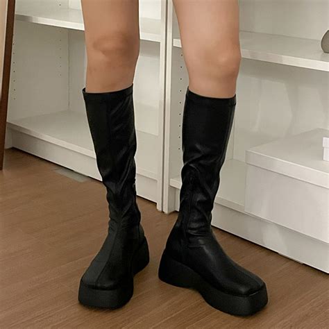 굽6cm225~250 통굽 롱부츠 스판 키높이 가보시 파티룩 롱워커 하객룩 결혼식 구두 첼시 앵클 웨스턴 라운드 빅사이즈 밴딩 쿠션 편한 가을 겨울 가죽 스웨이드 럭키 신발