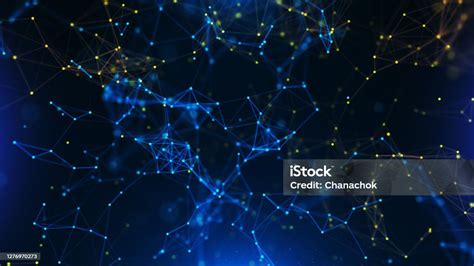 데이터 복잡한 분자 및 연결 흰색 사이버 네틱 포인트 별 라인 및 플레어로 신경총 네트워크와 아름다운 파란색 추상 배경 배경