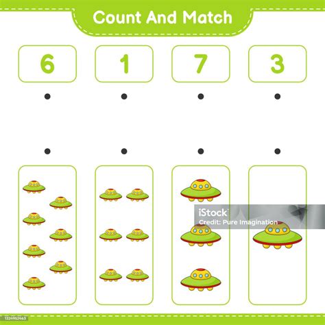 카운트 앤 매치 Ufo 수를 계산하고 올바른 숫자와 일치합니다 교육 어린이 게임 인쇄 워크 시트 벡터 일러스트레이션 0명에 대한 스톡 벡터 아트 및 기타 이미지 Istock