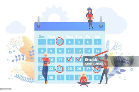 달력 플랫 벡터 일러스트레이션으로 시간을 계획하는 작업자입니다 사람들은 빨간색 원으로 날짜를 표시 기호 만화 문자를 확인합니다 시간 관리 은유 일정 의제 회사 이벤트 달력에