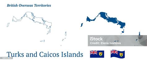 터크스 케이커스 제도지도 대서양에서 영국 해외 영토 상세한 블루 윤곽과 실루엣 국가 플래그 벡터 맵 집합입니다 흰색 배경에 격리된 모든 것 디자인용 템플릿입니다 지도에 대한