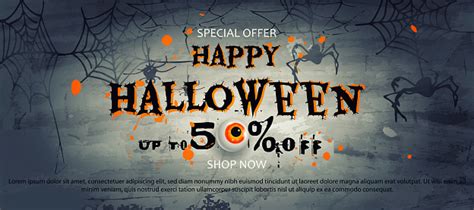 만화 스타일의 할로윈 개념입니다 거미가 있는 추상적인 어두운 콘크리트 배경에 할인이 있는 축하 텍스트 응용 프로그램에 대한 세련된 벡터 웹 템플릿입니다 할로윈에 대한 스톡