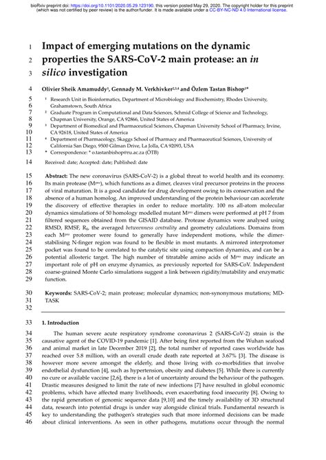 Pdf Impact Of Emerging Mutations On The Dynamic Properties The Sars Cov 2 Main Protease An In
