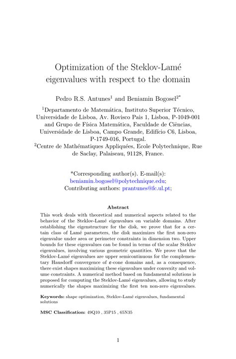 Pdf Optimization Of The Steklov Lamé Eigenvalues With Respect To The Domain