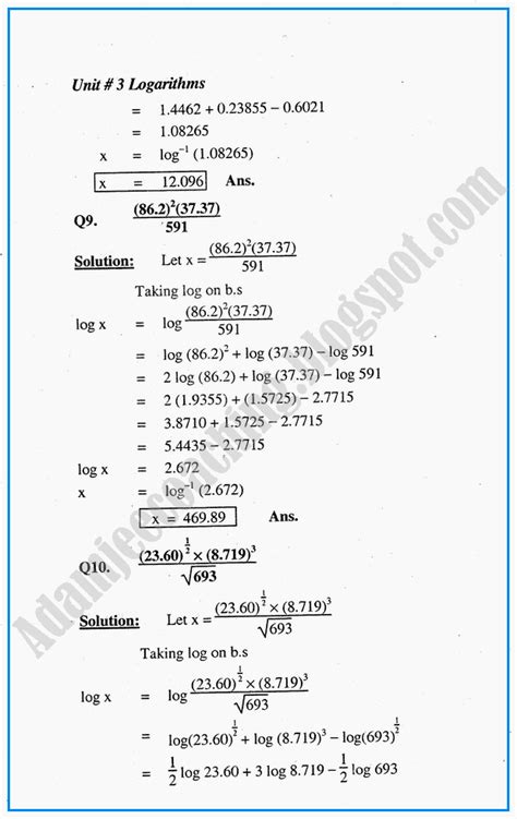 Adamjee Coaching Exercise Logarithms Mathematics Notes For Class Th