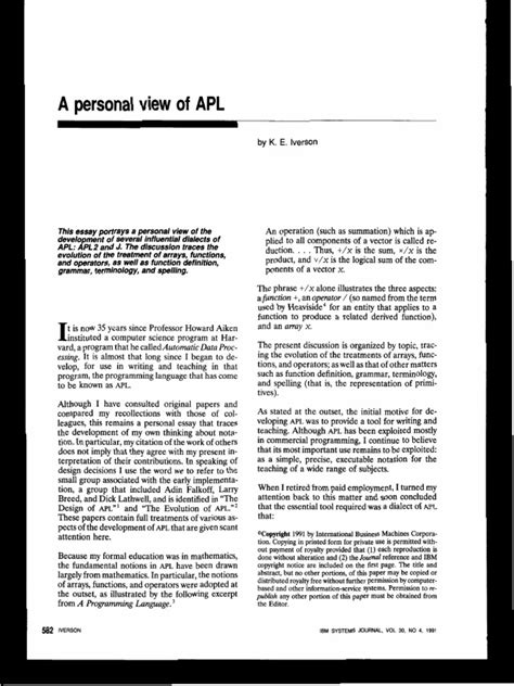 Iverson Personal View Of Apl Apl Programming Language Matrix