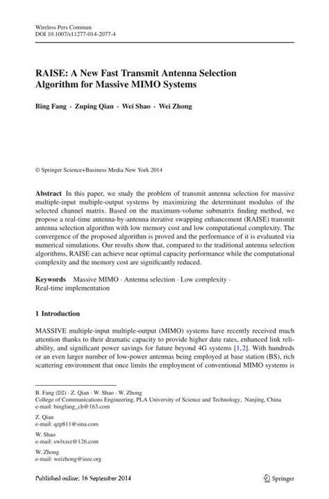 Pdf Raise A New Fast Transmit Antenna Selection Algorithm For