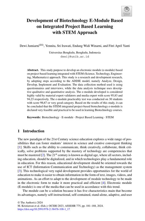 Pdf Development Of Biotechnology E Module Based On Integrated Project Based Learning With Stem