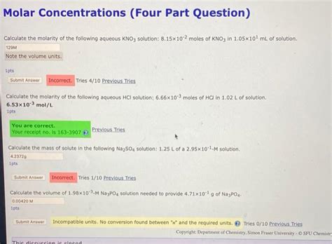 Solved Molar Concentrations Four Part Question Calculate Chegg