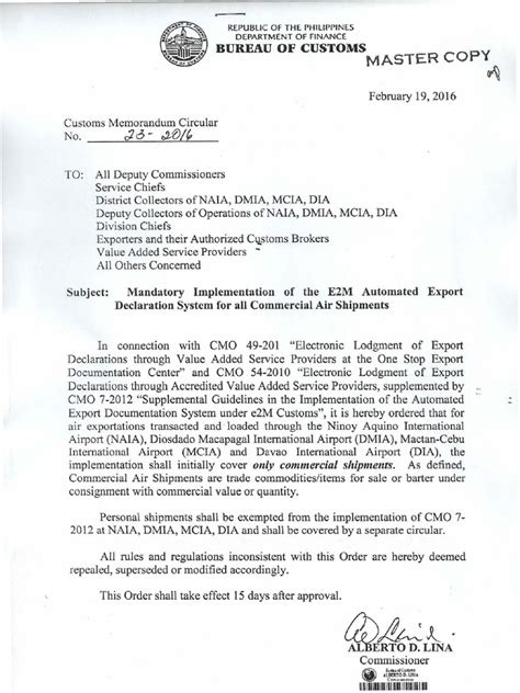 Boc Cmc 23 2016 Mandatory Implementation Of E2m Automated Export Declaration System For All