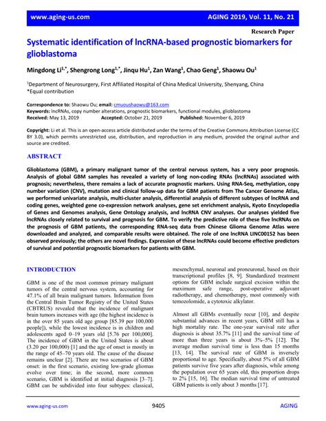 Pdf Systematic Identification Of Lncrna Based Prognostic Biomarkers For Glioblastoma