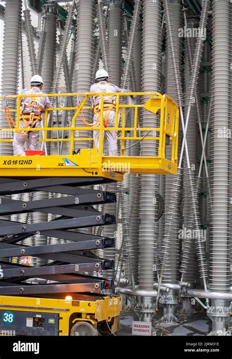 Beijing China August 25 2022 Maintenance Workers Check Transformation Equipment At The