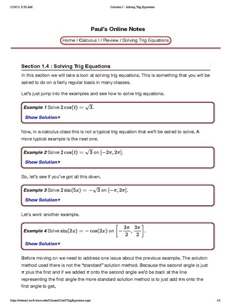 Calculus I Solving Trig Equations Pdf Trigonometry Triangle Geometry