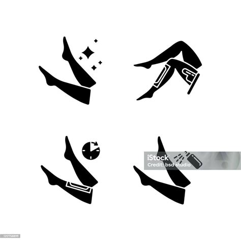 다리 왁싱 문말 아이콘 세트입니다 천연 감기 뜨거운 왁 스 공정으로 정강이 제거 여성의 신체 제모 단계 집에서 전문적인 뷰티 트리트먼트 실루엣 기호입니다 벡터 절연 그림