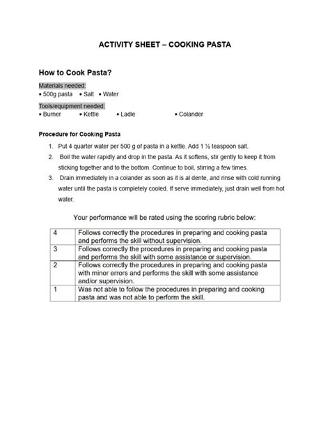 Activity Sheet Cooking Pasta Pdf