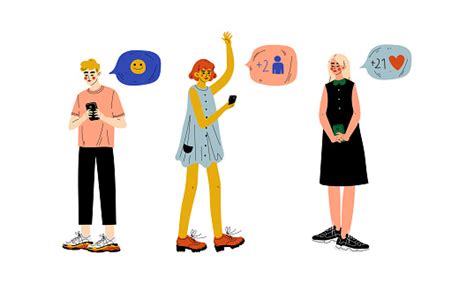 소셜 미디어 및 온라인 네트워크 통신 벡터 세트에 종사하는 스마트 폰을 가진 젊은 남자와 여자 Brand Name Smart Phone에 대한 스톡 벡터 아트 및 기타