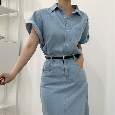 드히어 한정수량세일 데님 투피스 반팔셔츠 롱스커트 벨트 세트