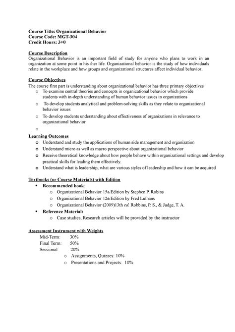 Course Outline Organizational Behavior Course Title Organizational Behavior Course Code Mgt