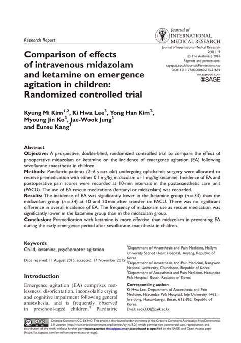 Pdf Comparison Of Effects Of Intravenous Midazolam And Ketamine On Emergence Agitation In