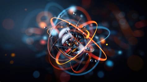 Dynamic Representation Of An Atom With Neon Orange And Blue Electron Orbits And Reflective