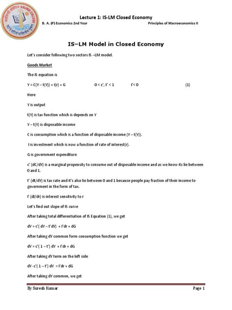 Lecture 1 Is Lm Closed Economy Pdf Macroeconomics Economies