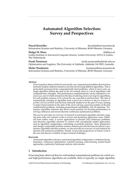 Pdf Automated Algorithm Selection Survey And Perspectives