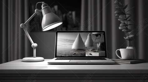 노트북 커피 컵 테이블 램프 배경을 갖춘 멋진 흑백 3d 홈 오피스 모형 흑백 사무실 배경 테이블 노트북 배경 컴퓨터 사무실 배경 이미지 Hd 흑백 사무실