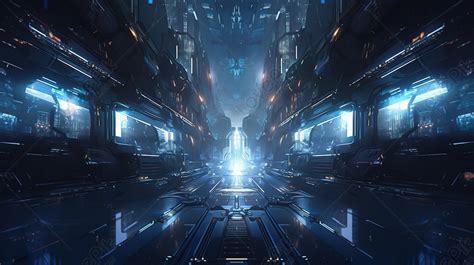 미래 우주선 통로 파란색 3d 배경을 사용한 네온 조명 공상과학 묘사 관점 배경 과학 3d 배경 우주 배경 이미지 Hd 관점 과학 3d 우주 배경 사진 무료