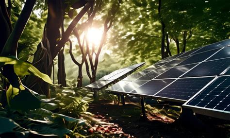 Solar Panels In Forest Setting Capturing Sunlight For Renewable Energy